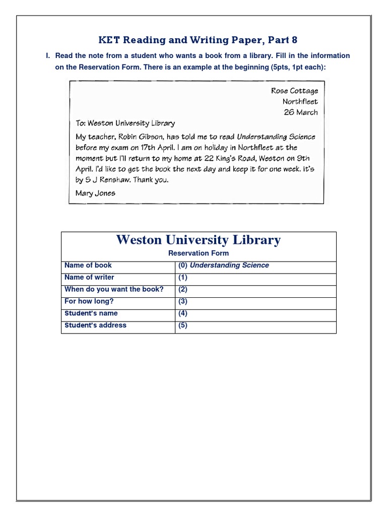 KET Reading and Writing Paper Part 8 | PDF