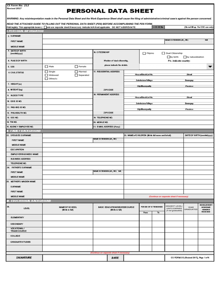 Personal Data Sheet (PDS) | PDF | Passport | Personally Identifiable ...