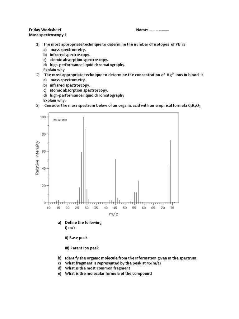 Mass Spectroscopy Worksheet | PDF | Science & Mathematics