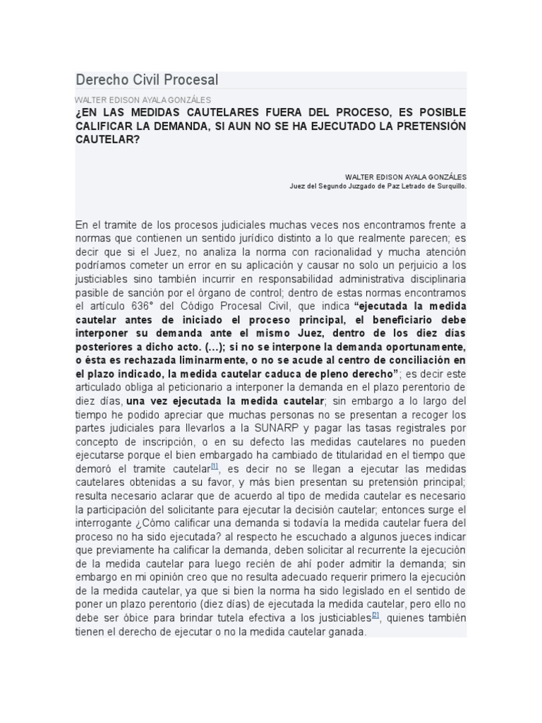 Derecho Civil Procesal, Medidas Cautelares | PDF | Mandato | Ley procesal