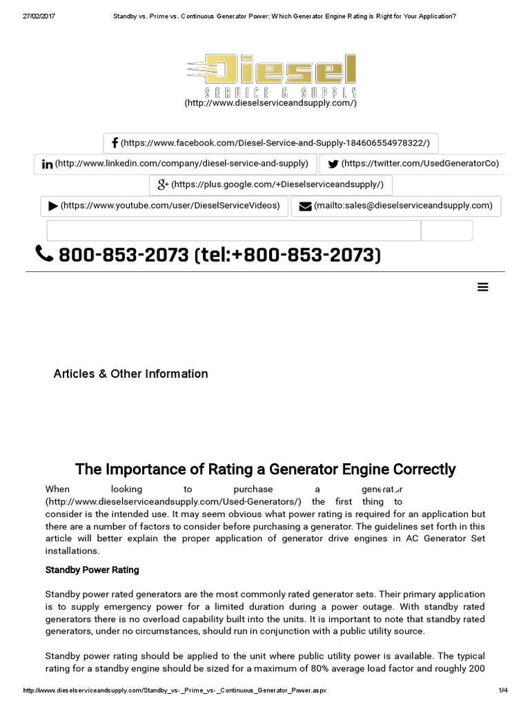 Standby - Prime - Continuous Ratings of DG | PDF | Electric Generator ...