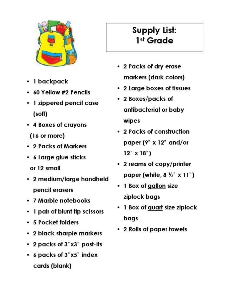 1st Grade Supply List Essentials | PDF