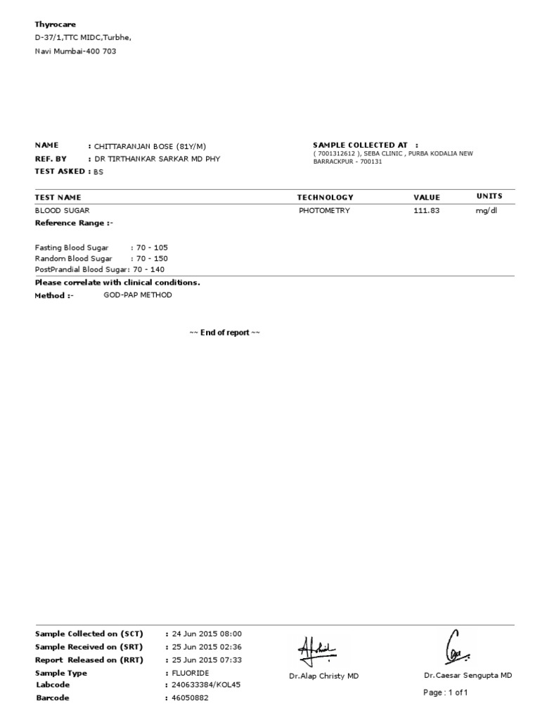 Thyrocare blood sugar test report | PDF
