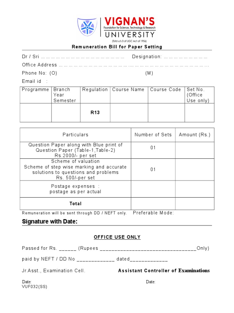 Remuneration Bill For Paper Setting: Signature With Date | PDF