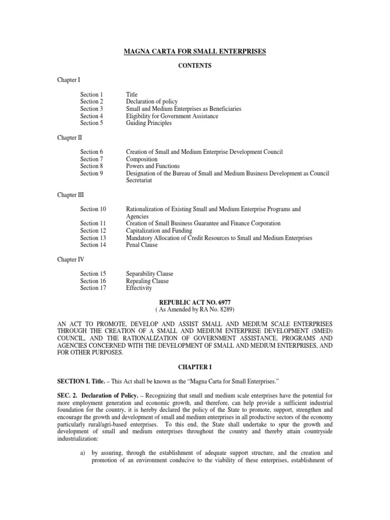 Magna Carta For Small Enterprises - RA 6977 | PDF | Business | Employment