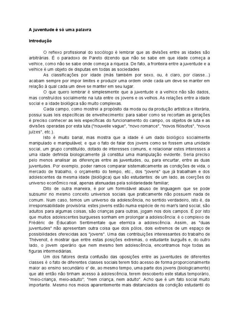 A Juventude É Apenas Uma Palavra (Fichamento Do Texto de Pierre Bourdieu) | PDF | Adolescência ...