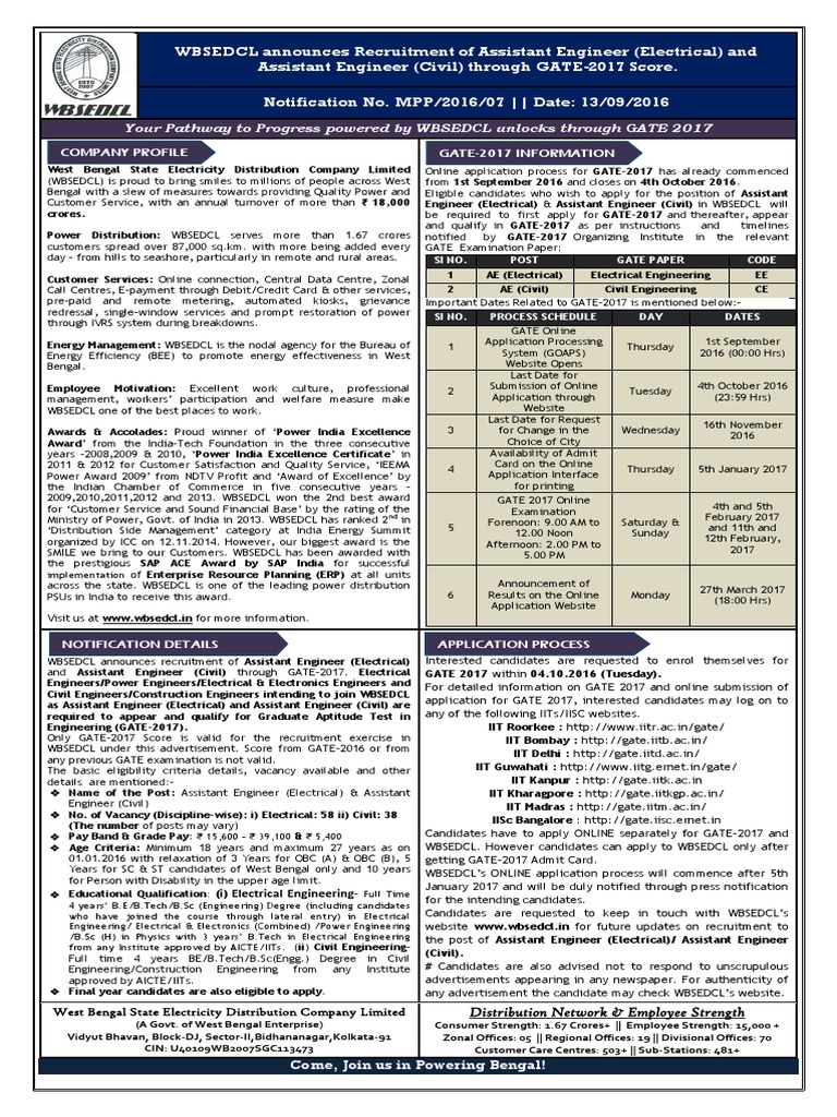 Wbsedcl Gate-2017 Notification | PDF | Science | Engineering