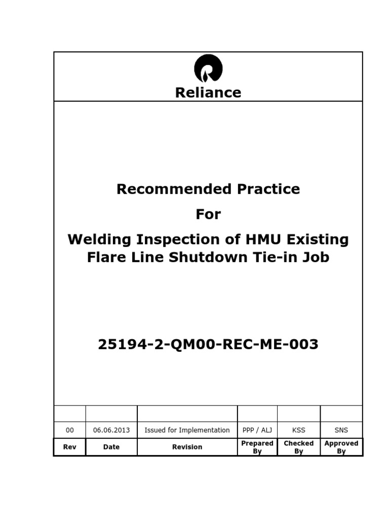 Welding Inspection of Hmu Existing Flare Line Shutdown Tie-In Jobs PDF ...