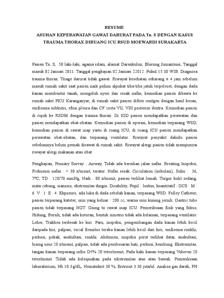 Asuhan Keperawatan Gawat Darurat Pada Pasien Trauma Thorax di ICU | PDF