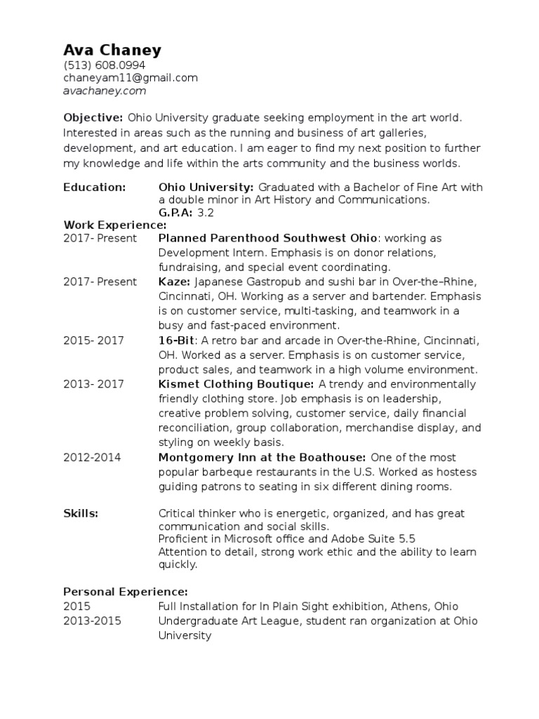 Ava Chaney: Objective: Ohio University Graduate Seeking Employment in ...