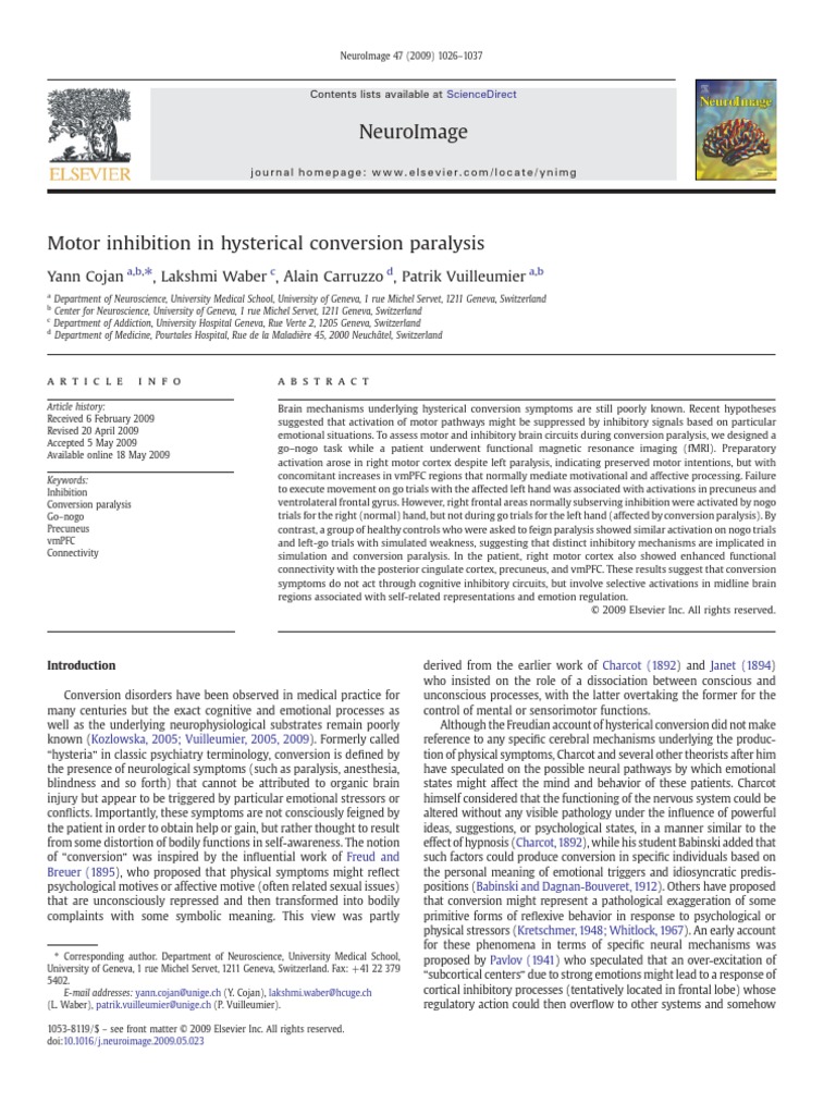 Motor Inhibition in Hysterical Conversion Paralysis | PDF | Frontal ...