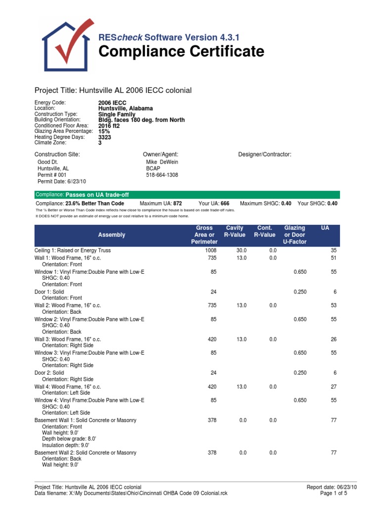 AL REScheck Certificate | PDF | Duct (Flow) | Hvac