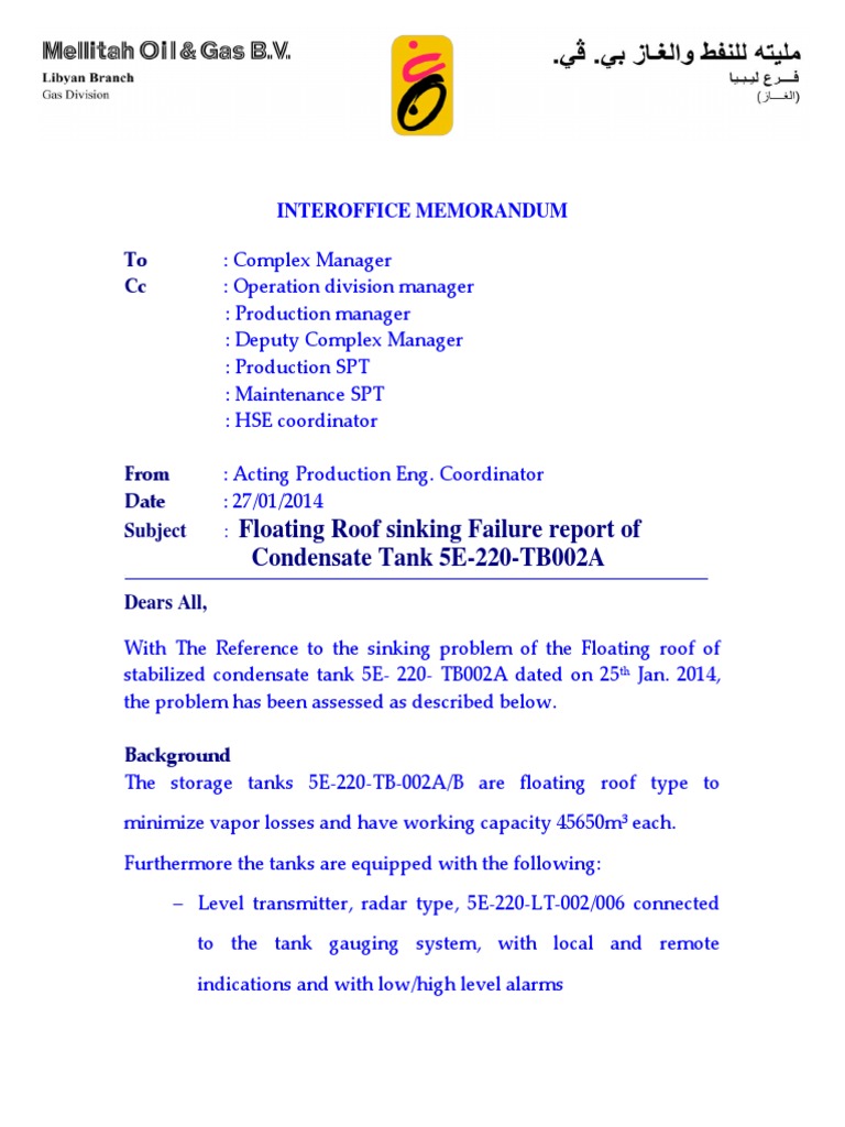 Floating Roof Sinking Failure Report and Recommendations for Stabilized ...