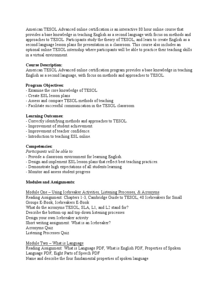 American TESOL Advanced Certification Course | PDF | English As A ...