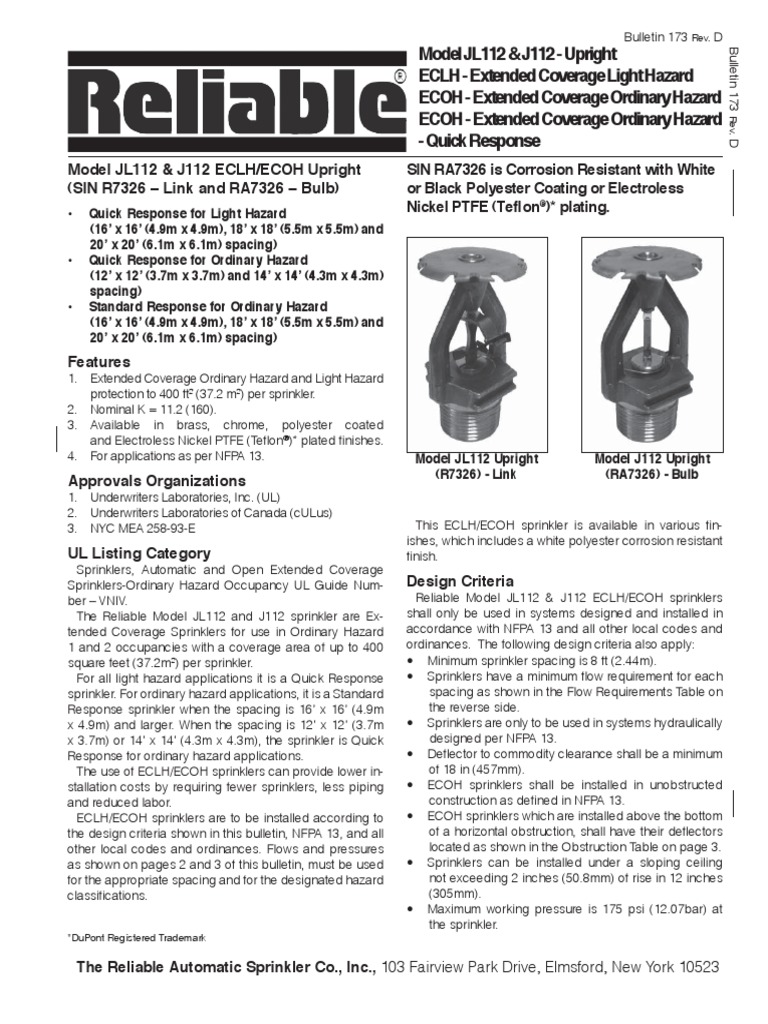 173 Model JL112 and J112 Upright | PDF | Fire Sprinkler System ...