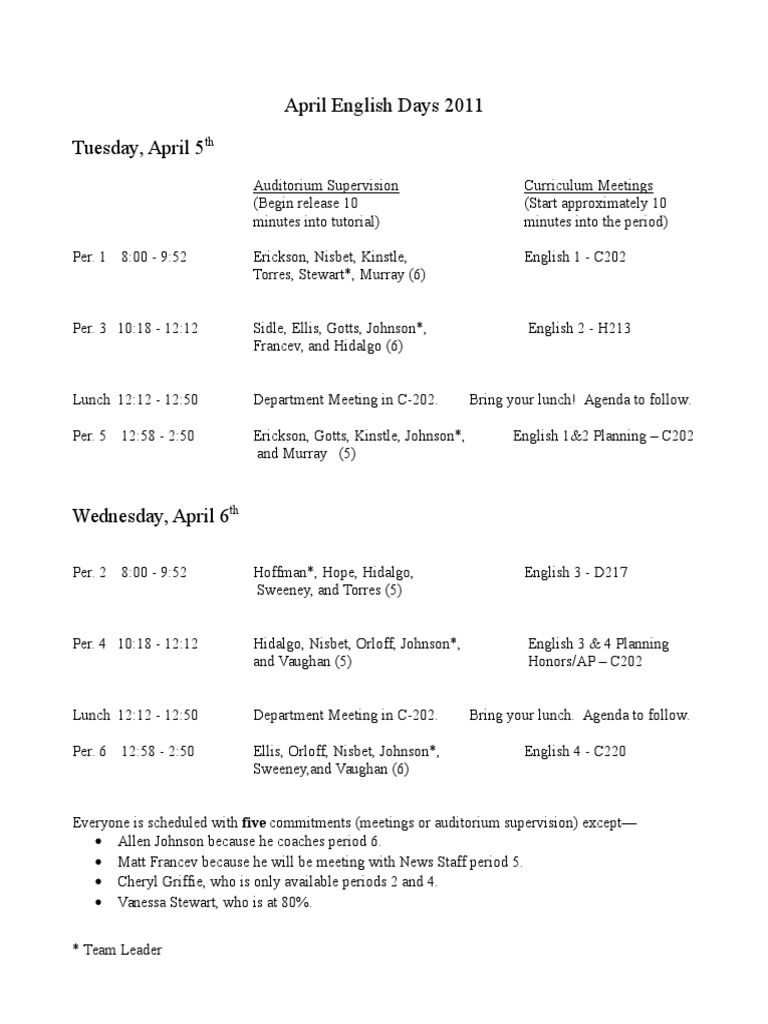 Aprilenglishdaysschedule | PDF | Sports & Recreation | Language Arts ...