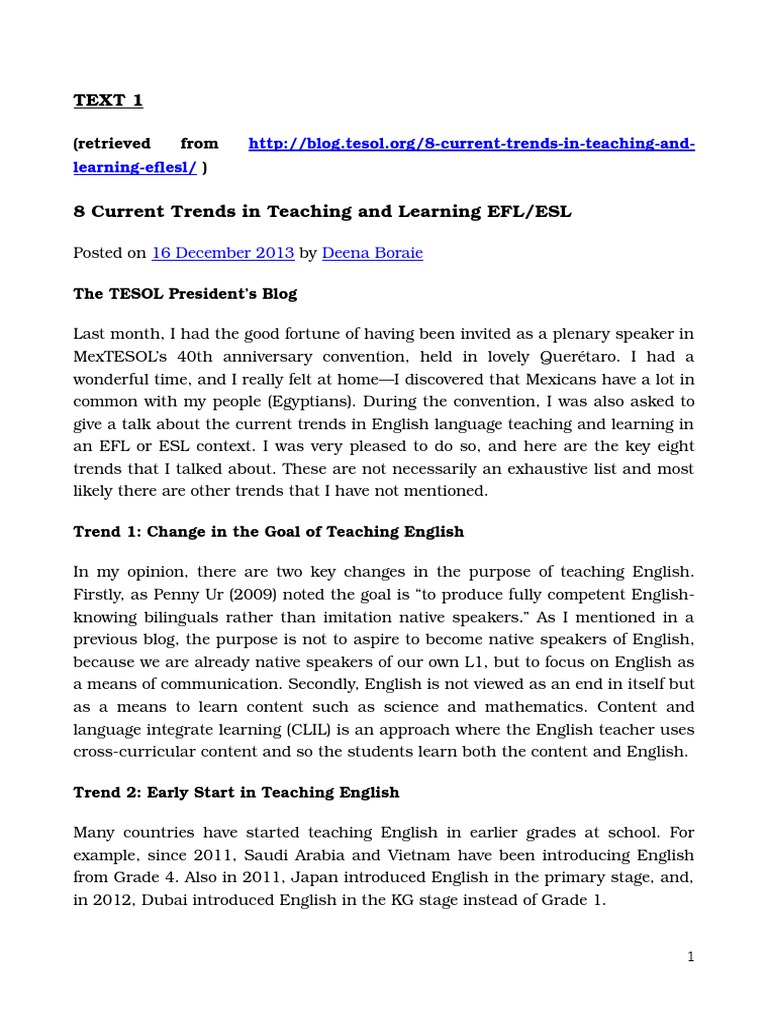 Current Trends in Teaching and Learning EFL | PDF | English As A Second ...