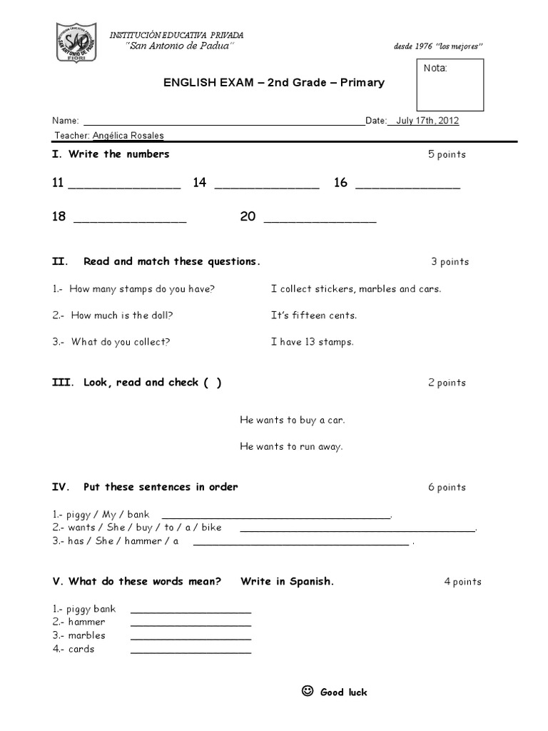 ENGLISH EXAM - 2nd Grade - Primary: I. Write The Numbers | PDF ...