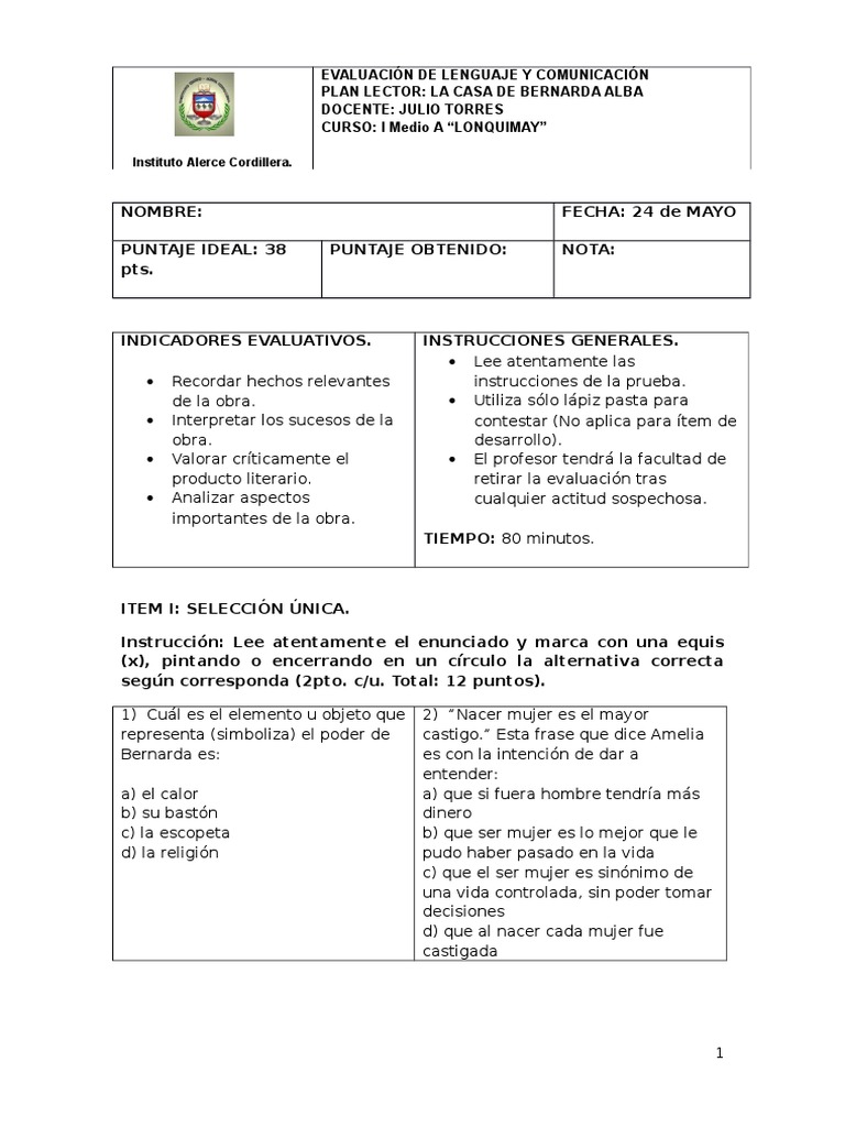 Prueba de "La Casa de Bernarda Alba" | PDF | Science | Ciencia filosófica