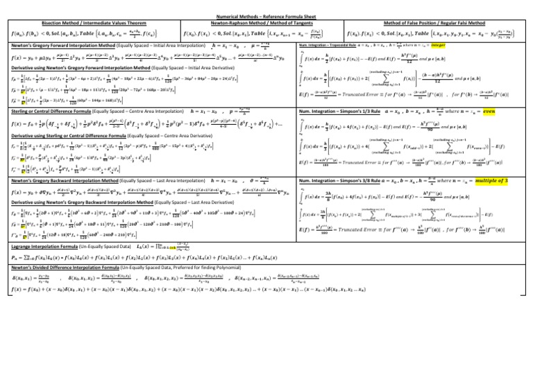 Numerical Methods Formula Sheet | PDF | Computational Science | Numerical Analysis