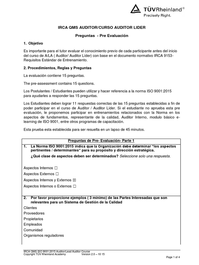 QMS - Pre - Assessment - Quest - 10 - 15 - (Español) RGM | PDF ...