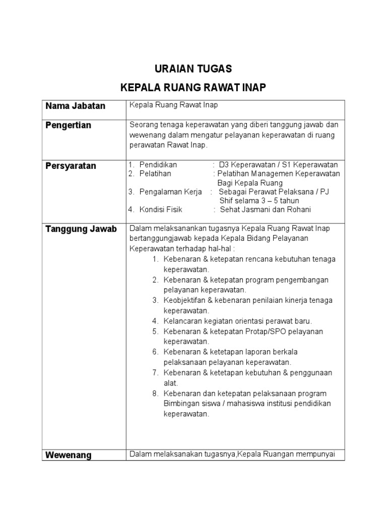 Uraian Tugas Kepala Ruang Rawat Inap | PDF