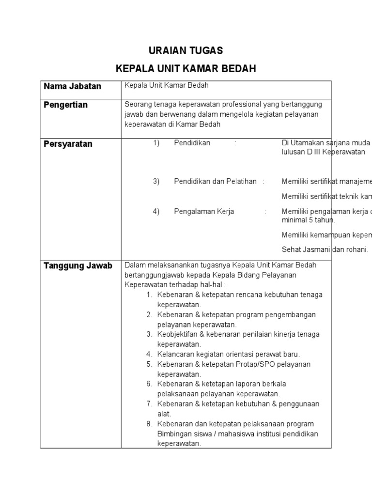 Uraian Tugas Kepala Unit Kamar Bedah | PDF