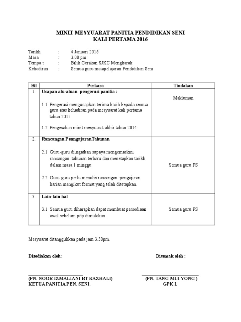 Minit Mesyuarat Panitia Pen - Seni | PDF