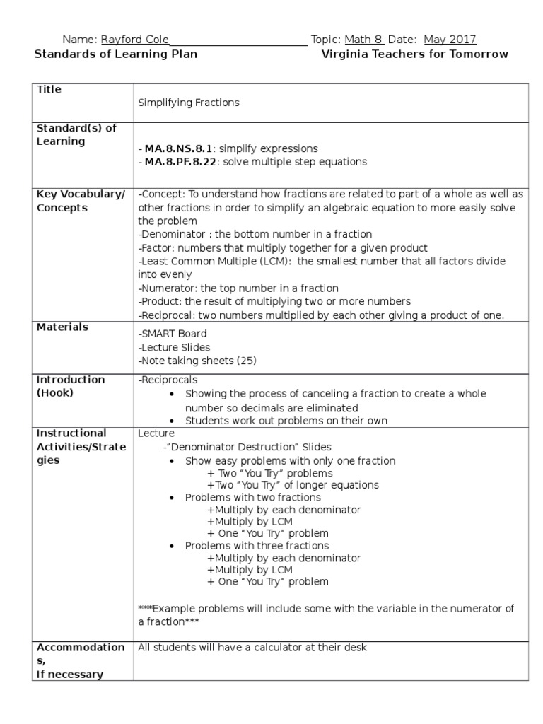 Lesson Plan | PDF | Fraction (Mathematics) | Teaching