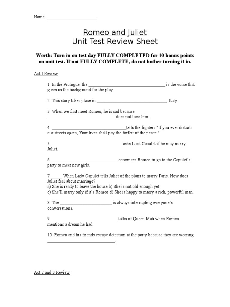 Romeo and Juliet Unit Test Review | PDF | Characters In Romeo And ...