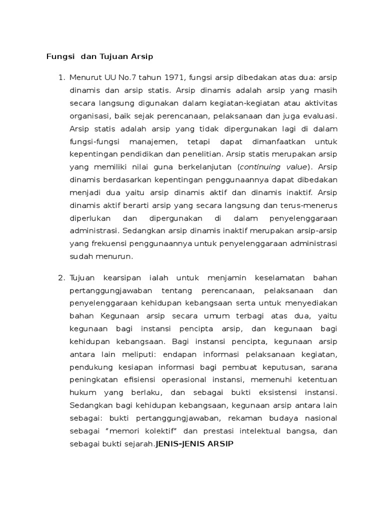 Fungsi Dan Tujuan Arsip | PDF