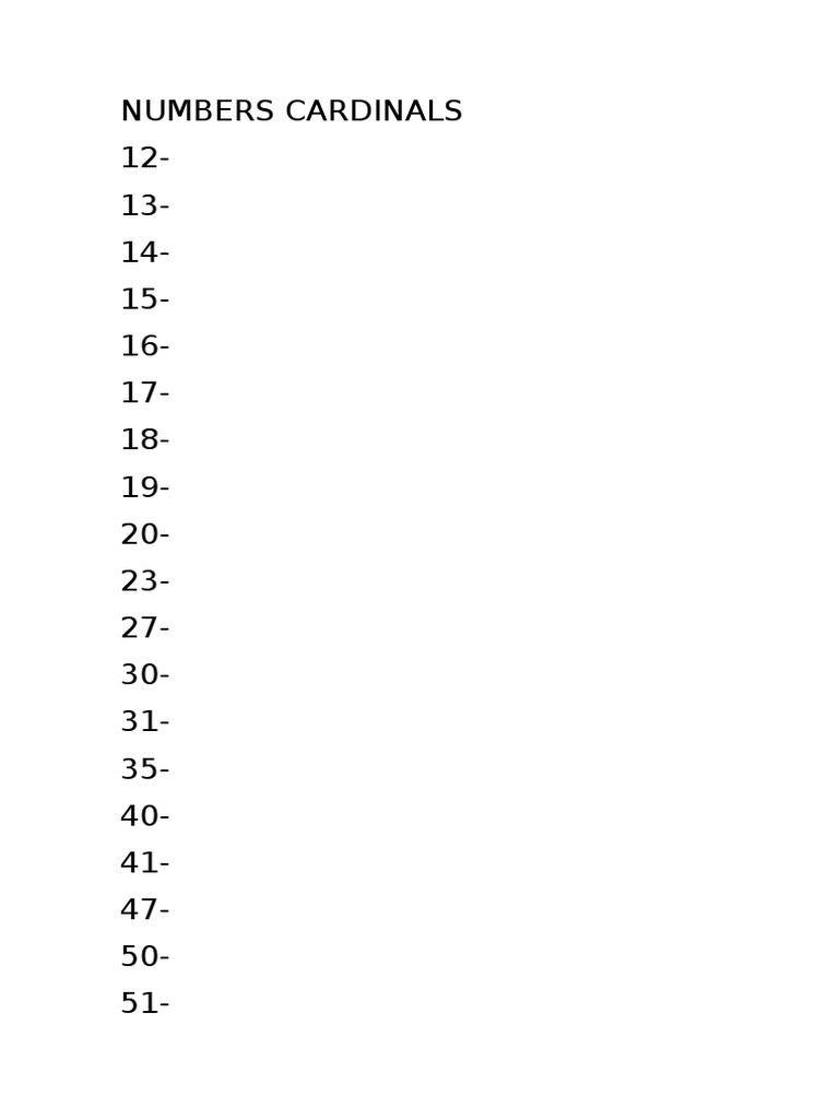 Numbers Cardinals 12-13 - 14 - 15 - 16 - 17 - 18 - 19 - 20 - 23 - 27 ...