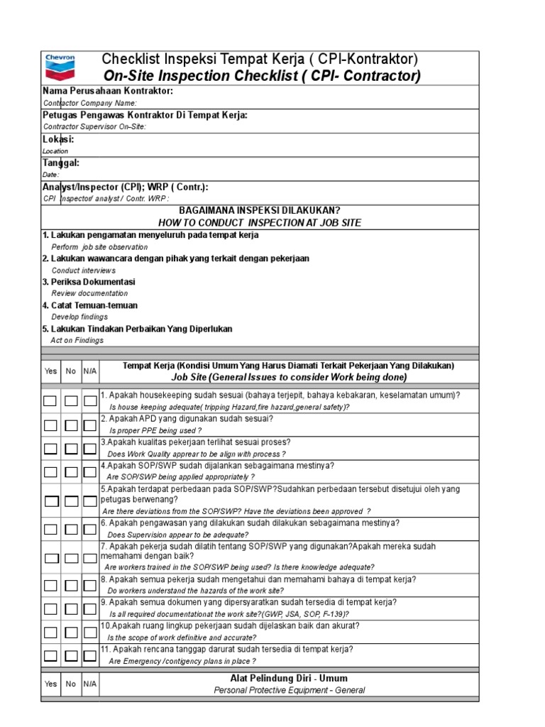 Contractor - CPI - On-Site Safety Routine Duty Inspection - Checklist ...