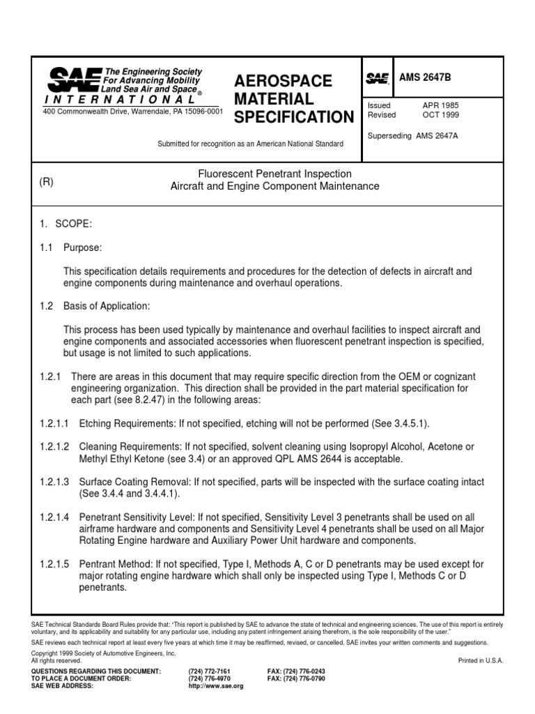 AMS-2647-B Fluorescent Penetrant Inspection | PDF | Ultraviolet ...