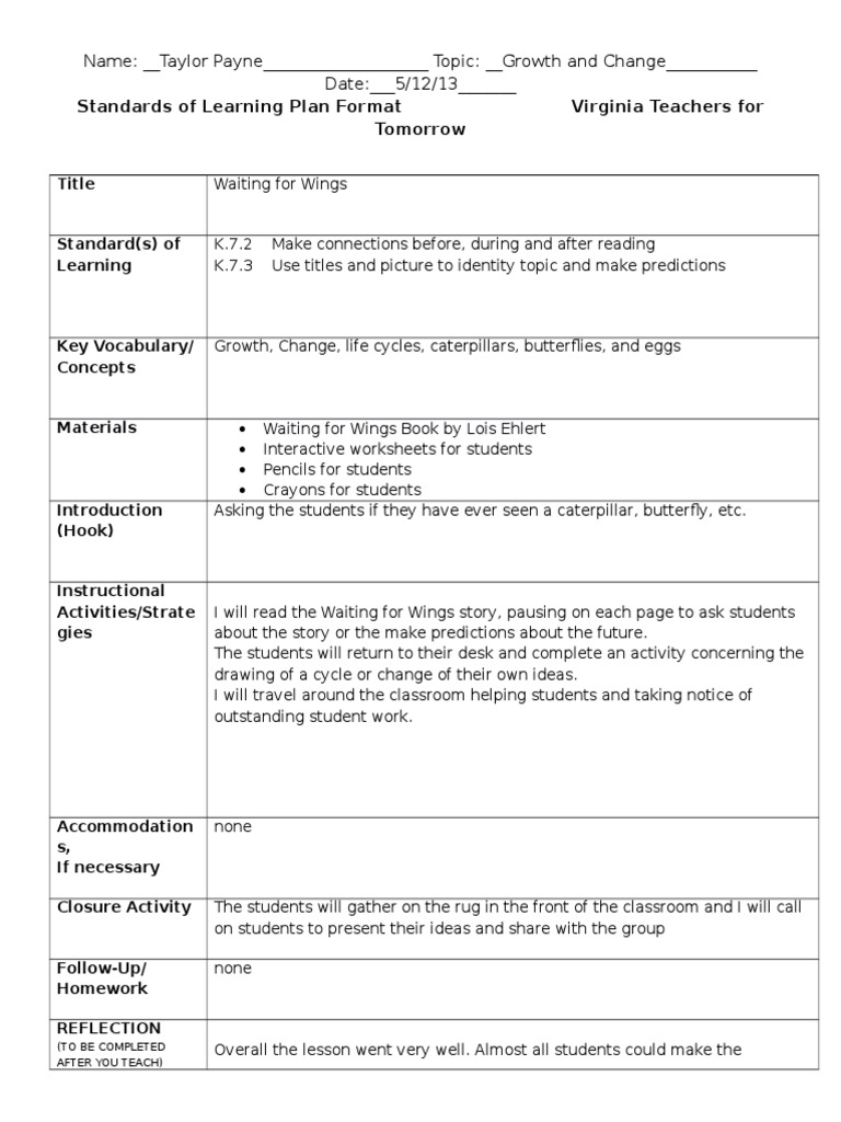 Standards of Learning Plan Format Virginia Teachers For Tomorrow | PDF ...