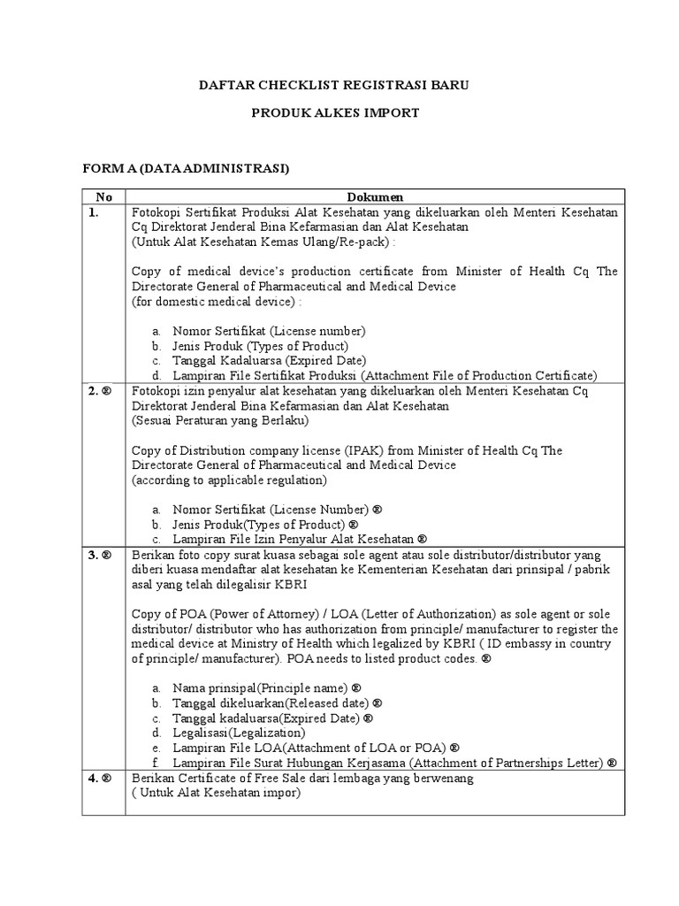 Checklist Reg Alkes Baru Import | PDF