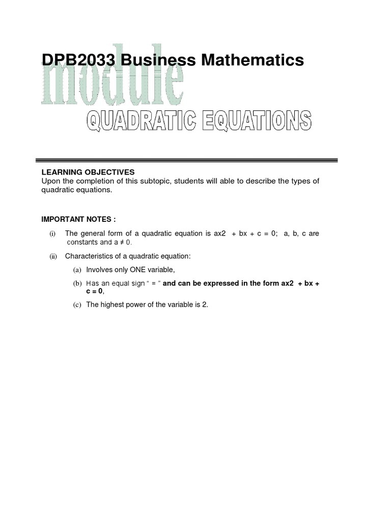 Quadratic Equations in Business Math | PDF | Quadratic Equation | Equations
