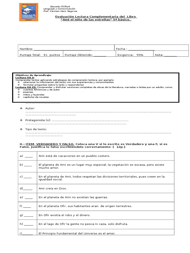 Prueba Ami | PDF | Lectura (proceso) | Comprensión lectora