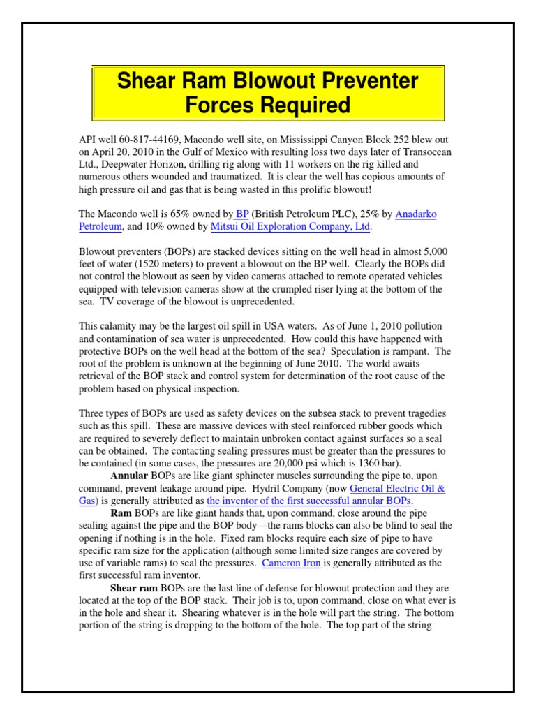 Shear Ram Blowout Forces Required PDF | PDF | Blowout (Well Drilling ...