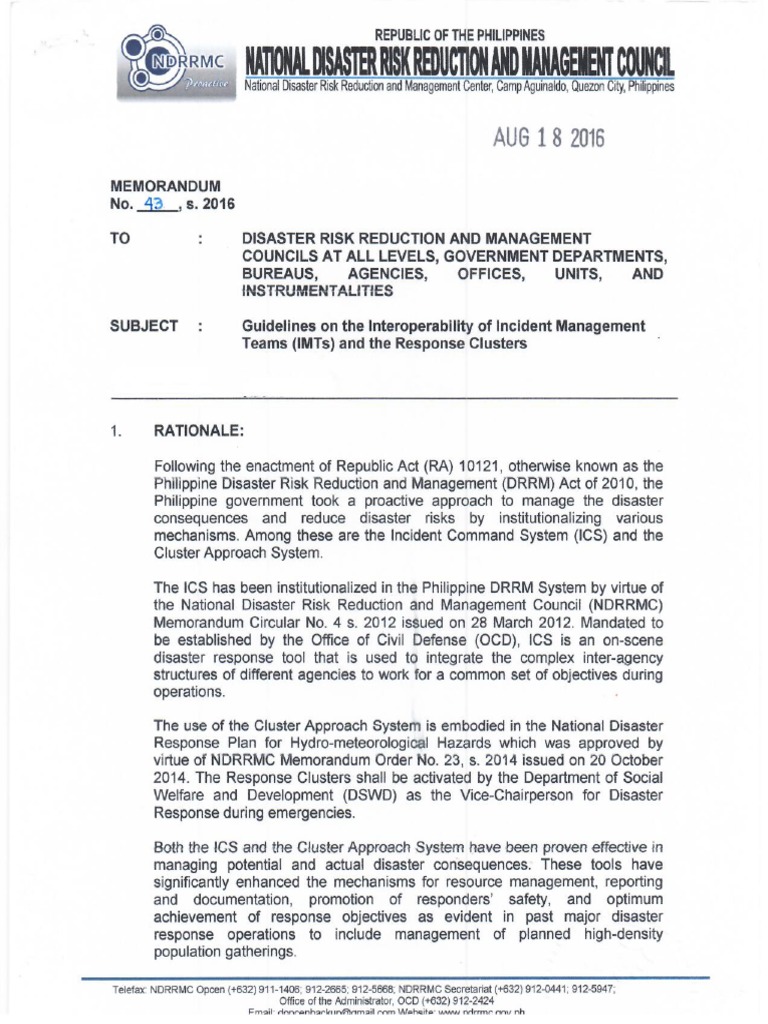 NDRRMC Memo Circular No 43 s 2016 Re Guildlines on the Interoperability on Incident Management ...