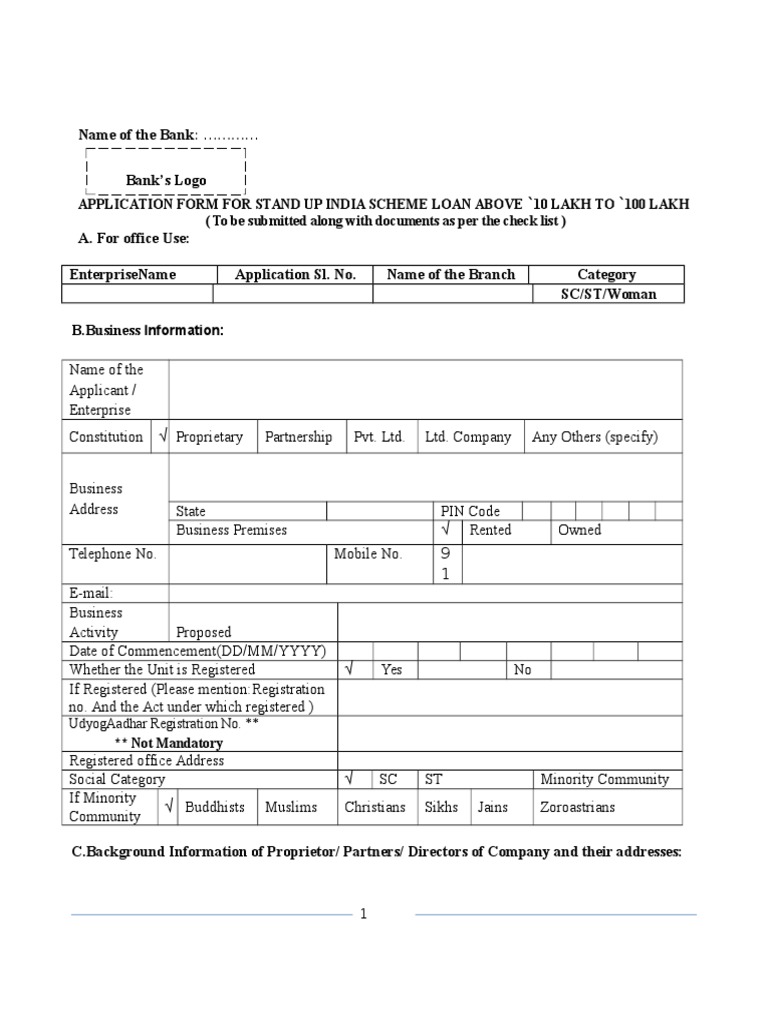 Stand Up India Loan Application Form | PDF | Credit (Finance ...