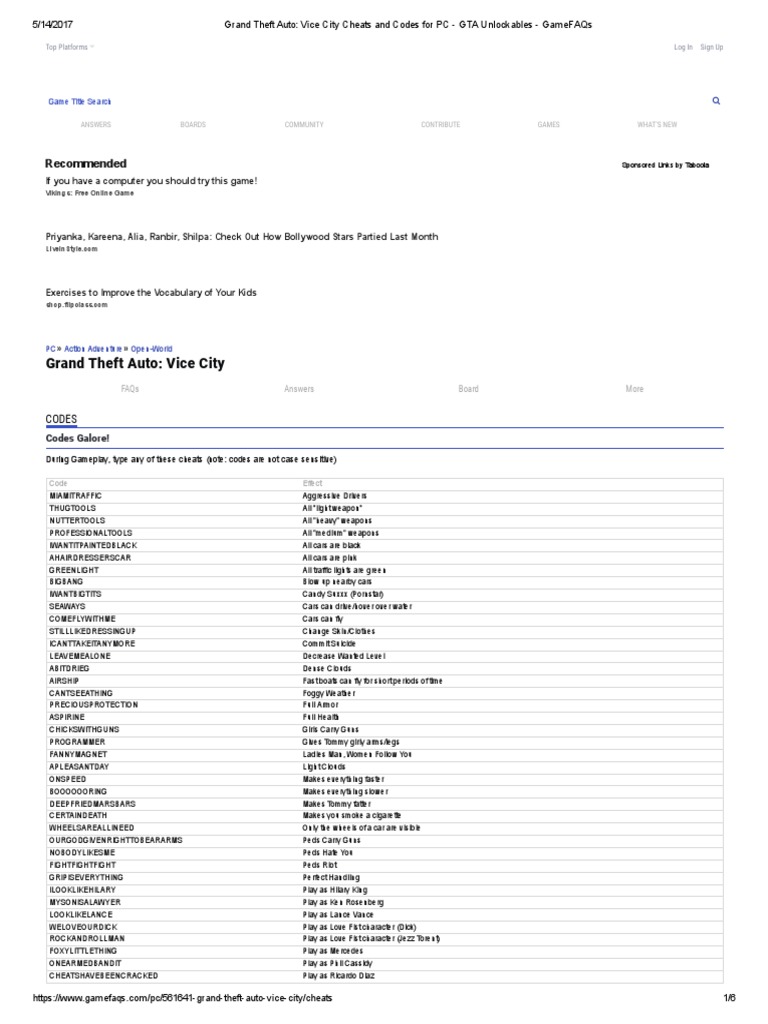 Grand Theft Auto - Vice City Cheats and Codes For PC - GTA Unlockables ...