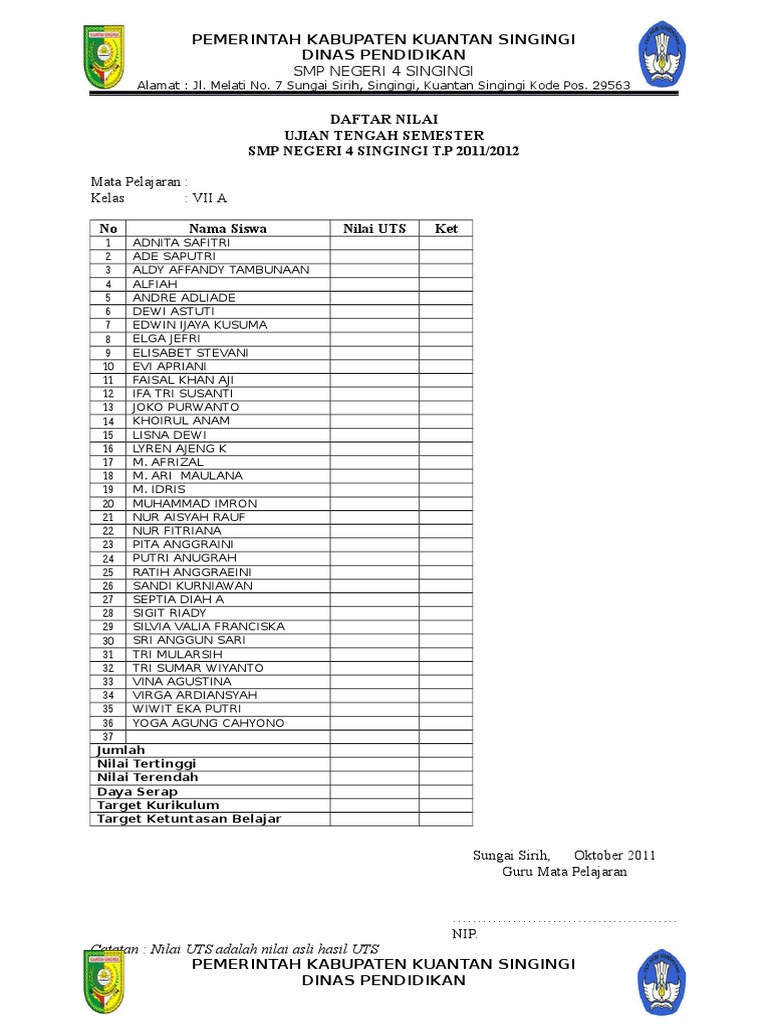 Daftar NIlai UTS | PDF