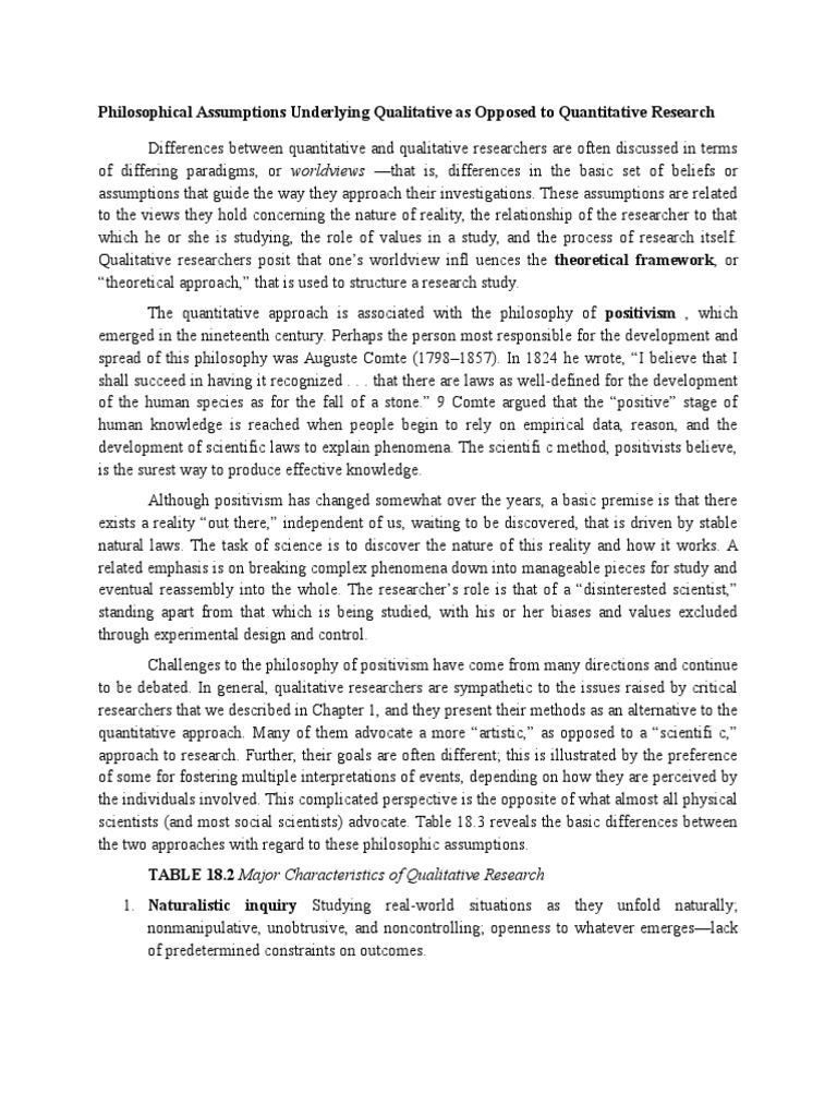 Philosophical Assumptions Underlying Qualitative As Opposed To ...