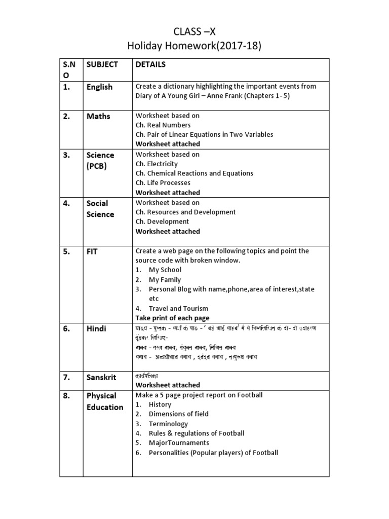 Holiday Homework Class 10 | PDF | Silver | Copper