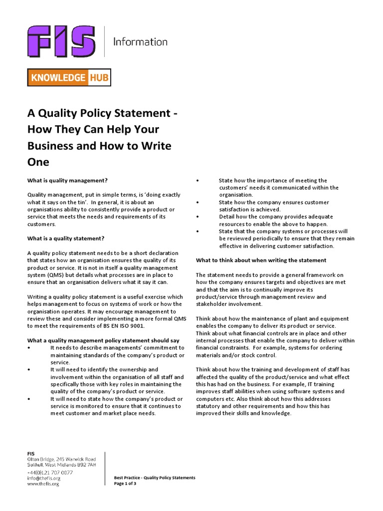 Best Practice Quality Policy Statements | PDF | Quality Management ...