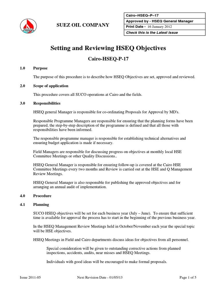 Setting and Reviewing HSEQ Objectives: Suez Oil Company | PDF ...