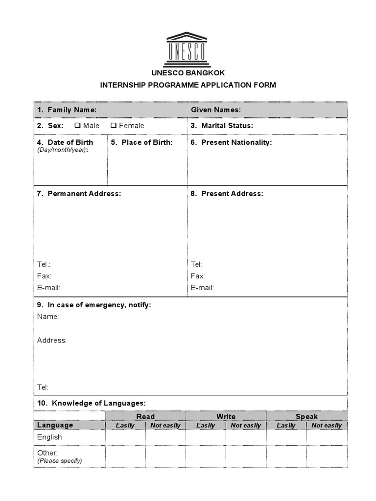 UNESCO Internship Application Form | PDF | Internship | Job Hunting