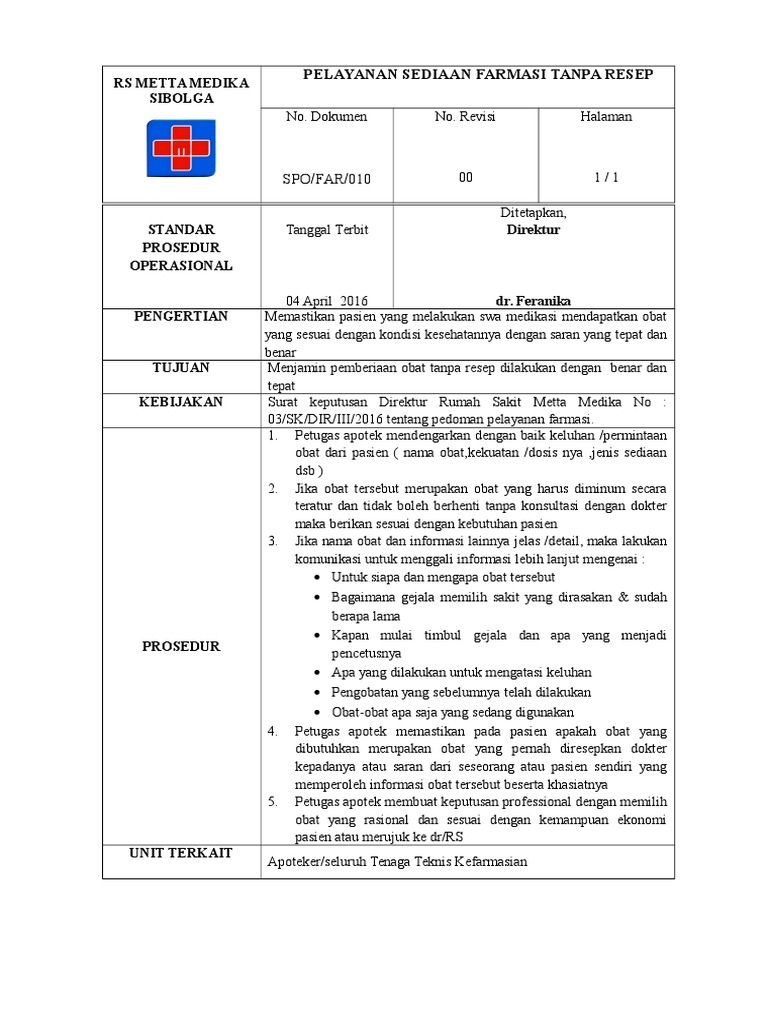 Sop Pelayanan Sediaan Farmasi Tanpa Resep | PDF