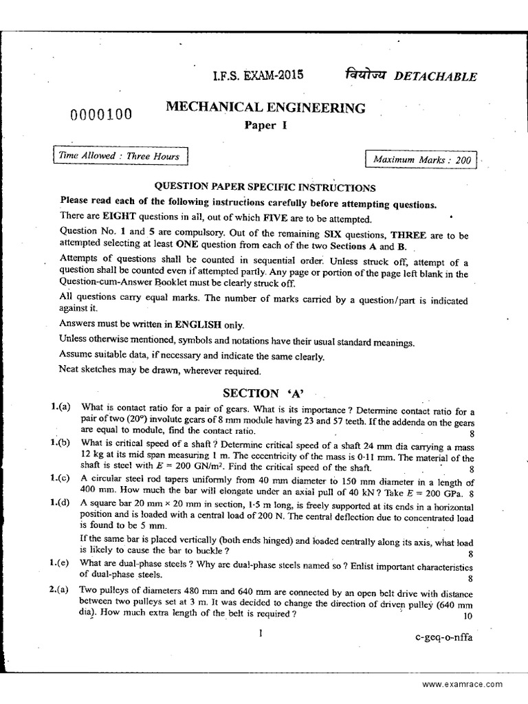 IFS 2015 Mechanical Engineering Exam Paper | PDF | Stress (Mechanics ...
